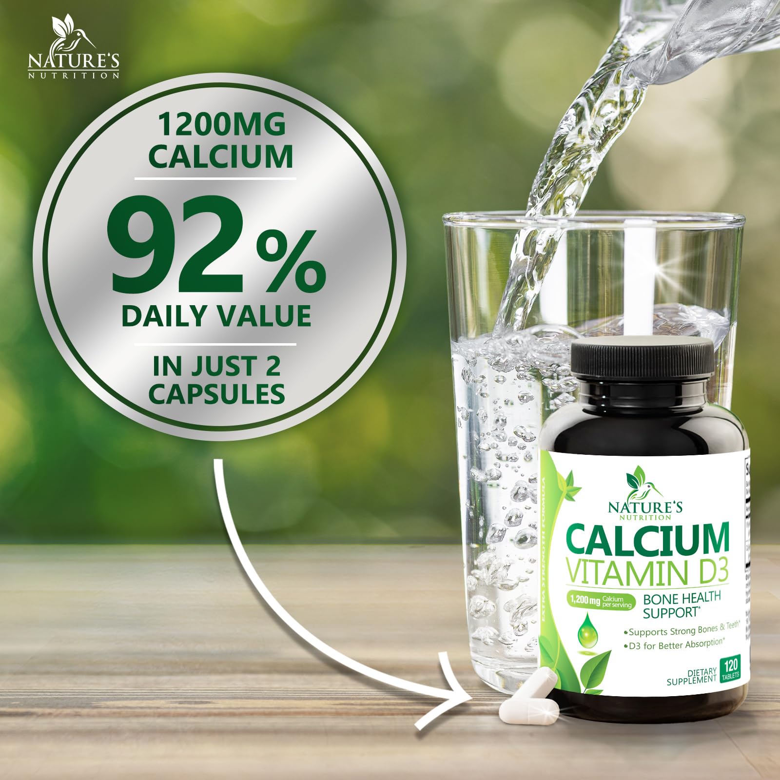 Calcium 1200 mg Plus Vitamin D3, Bone Health & Immune Support - Nature's Calcium Supplement with Extra Strength Vitamin D for Extra Strength Carbonate Absorption Dietary Supplement - 120 Tablets