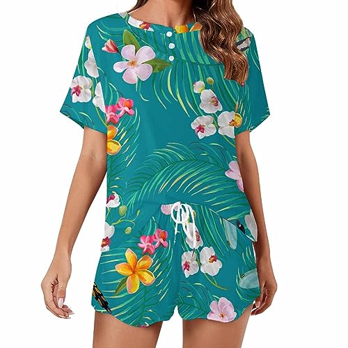 InterestPrint Tropical Floral Pattern with Dragonflies Women's Shorts Button Up pajama Shorts Suit Drawstring Shorts Set Lounge Sets