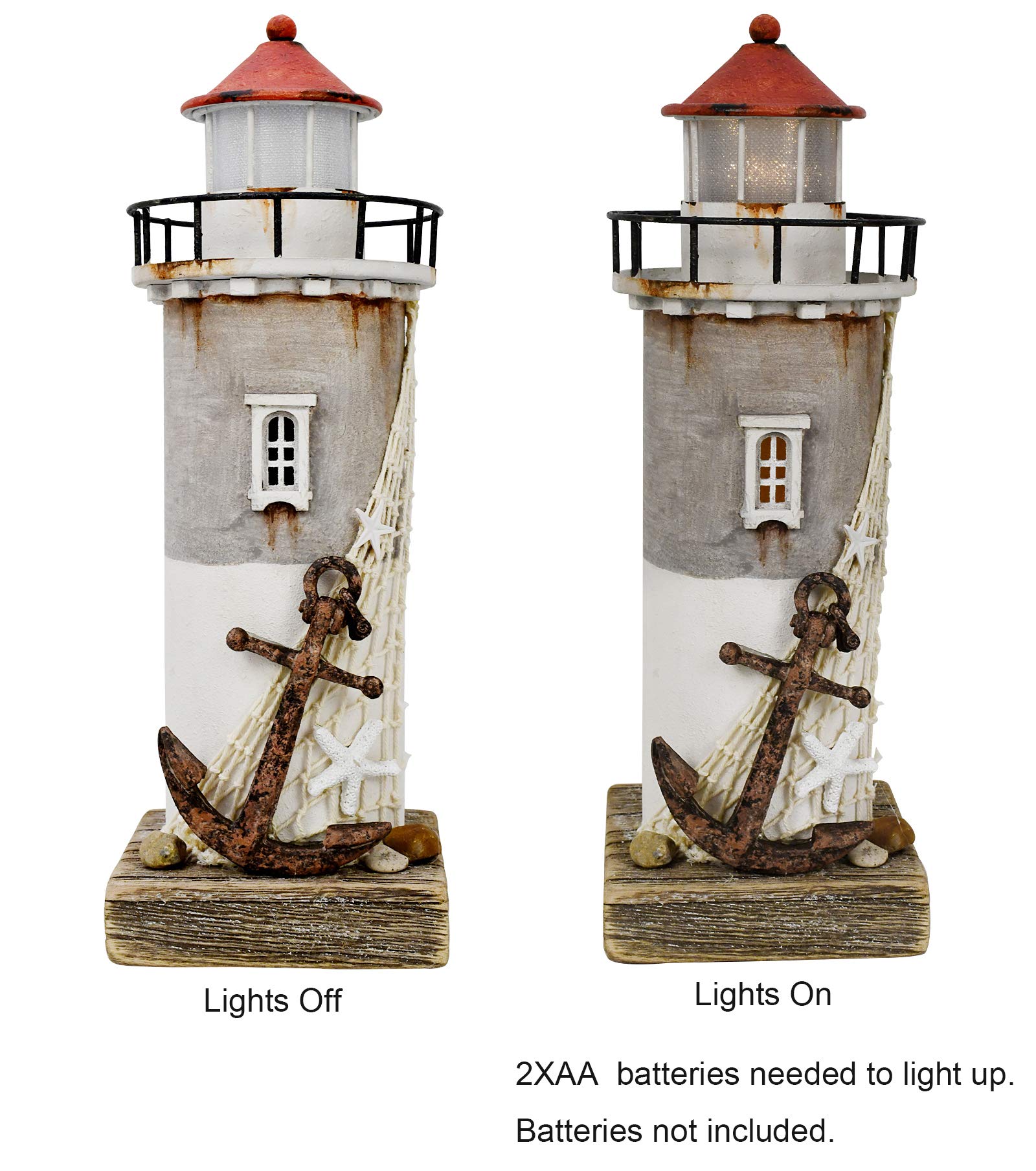 Wooden Lighthouse Decor with Light, Decorative Nautical Lighthouse Rustic Ocean Sea Beach Themed Lighthouse Decoration, Handcrafted Tabletop Nautical Themed Home Decor Bathroom Decor (11.4“H)