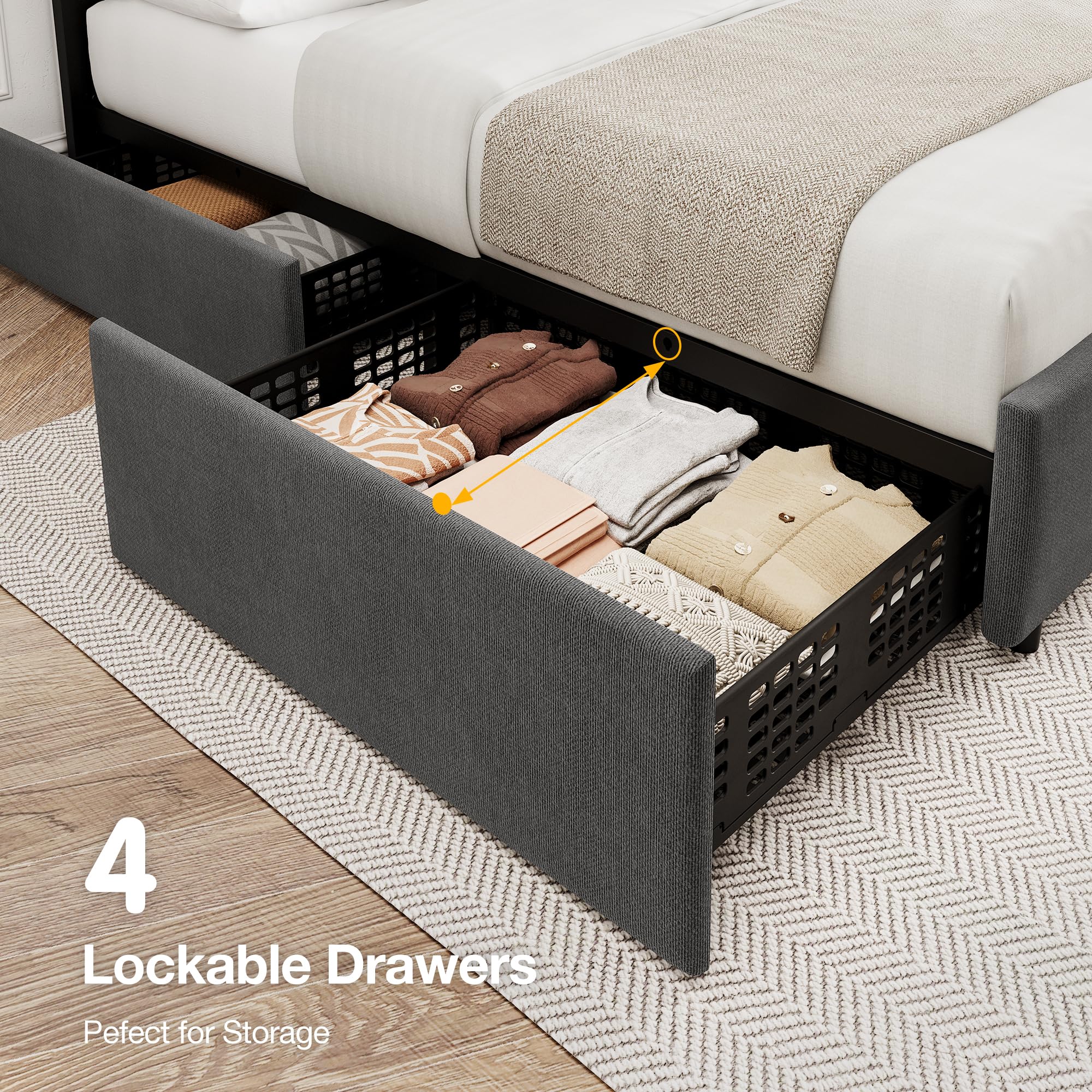 IDEALHOUSE Twin Size Bed Frame with Adjustable Headboard and 2 Storage Drawers, Upholstered Platform Bed Frame with Wooden Slats Support, No Box Spring Needed, Dark Grey