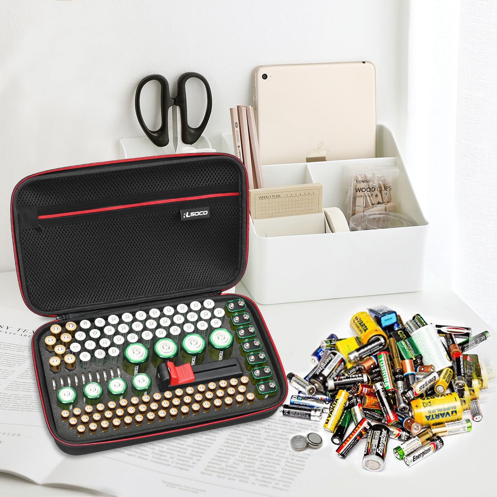 RLSOCO Battery Organizer Storage Case - Waterproof Holder Stores Up to 120+ Batteries: AA AAA C D 9V and More (Case Only,Batteries & Battery Tester are Not Included)(Black)