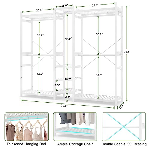 Hoiplu Bamboo Closet System Clothing Rack for Hanging Clothes, Large Garment Rack with Shelves and 5 Rods, 70”W x 77”H Heavy Duty Freestanding Clothes Rack Organizer for Wall-in Closet Bedroom, White