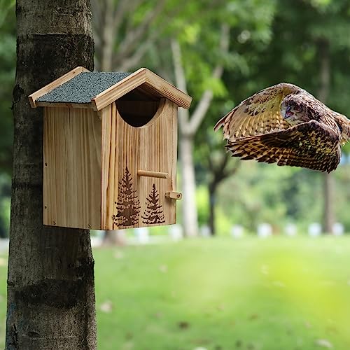 Owl House Barn Owl Box Screech Owl House with Bird Stand Great Horned Owl Box Bird Houses for Outside Large Handmade Wooden Rectangular Opening Bird Box,with Mounting Screws, Easy Assembly