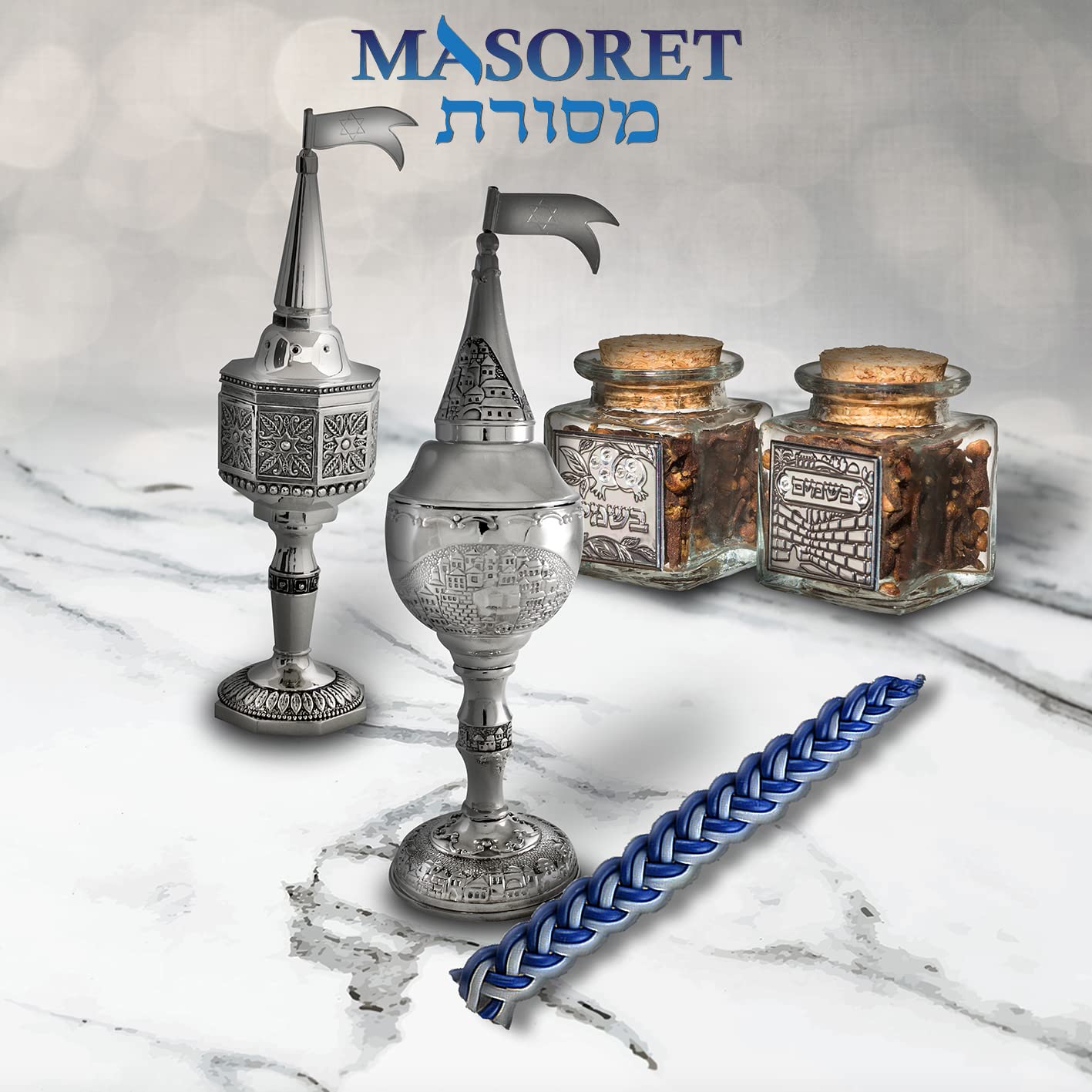 Masoret Set: Blue Havdalah Candle 11.8" with Glass Besamim Holder 2.4" 1.6" with Laser-Cut Plaque