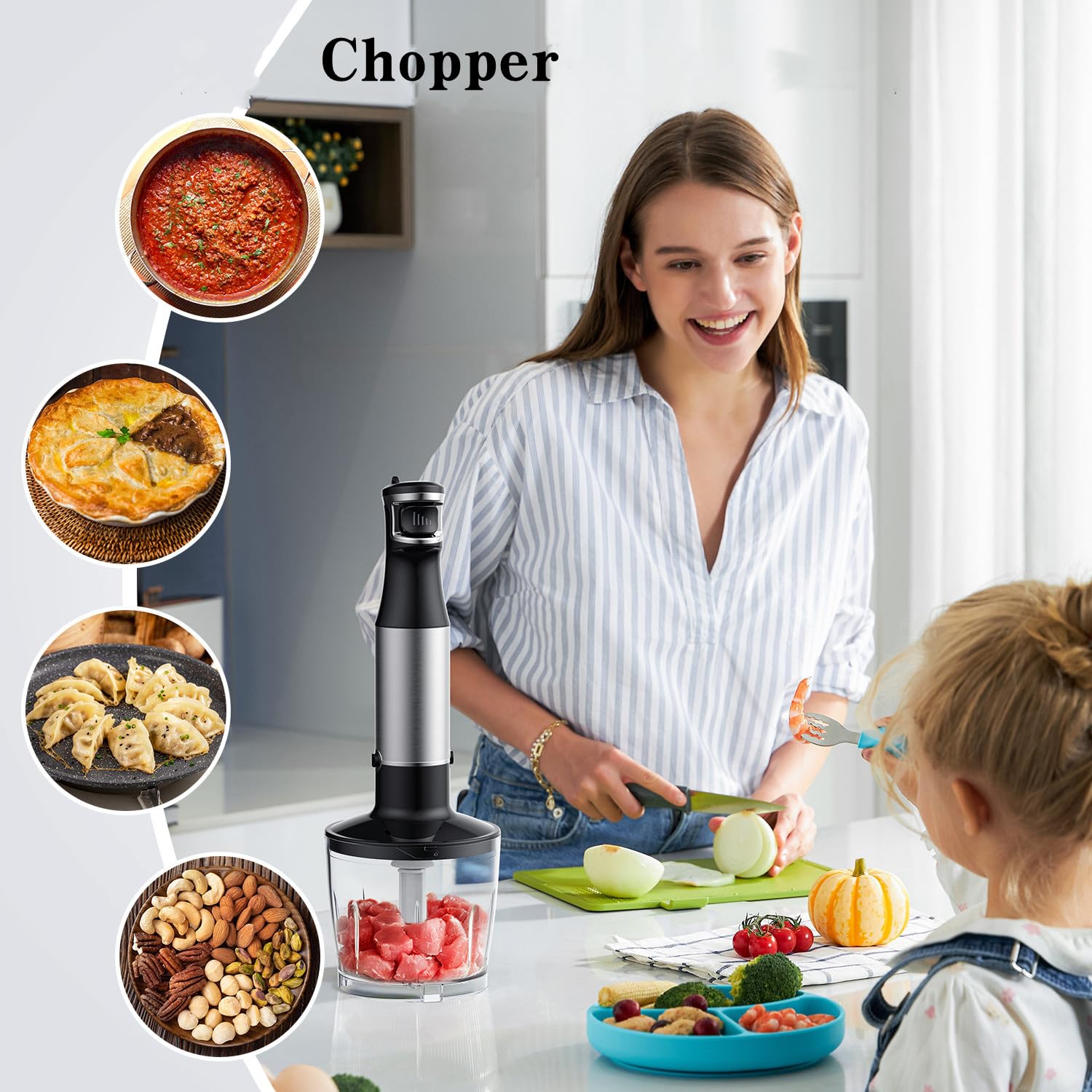 Immersion Blender Handheld 1000W 5 in 1 Hand Blender Trigger Control Speed Stick Blenders Emulsion Blender Handheld for Kitchen with 600ml Beaker, 500ml Chopper, Whisk and Frother