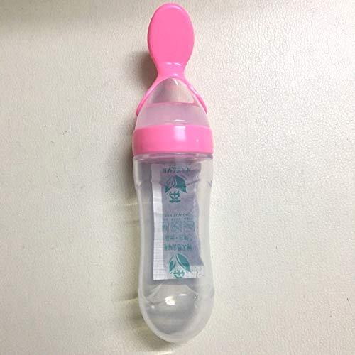 Silicone Squeeze Bottle Spoon Baby Feeding Cereal, Rice, Supplement with Dispensing Feeder, Food Dispensing Spoon, Infant Newborn Toddler Food Supplement Set- 90ml Pink