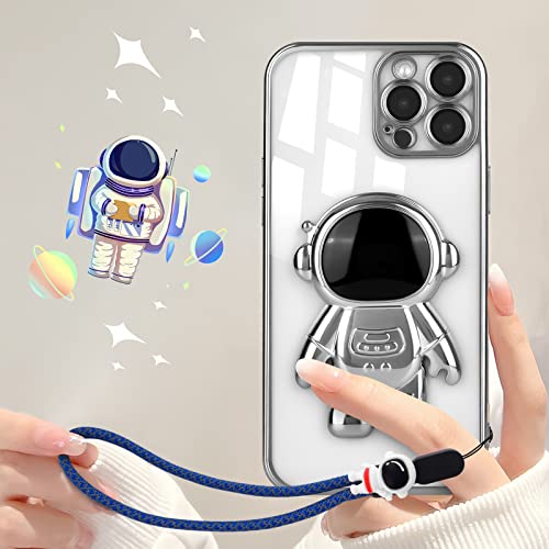Newseego Compatible iPhone 12 Pro Max Case (6.7 Inch),Astronaut Hidden Stand Case with Lens Film Protective,Clear PC Back Cute Astronaut Stand with Chain Strap Plating Phone Case-Silver