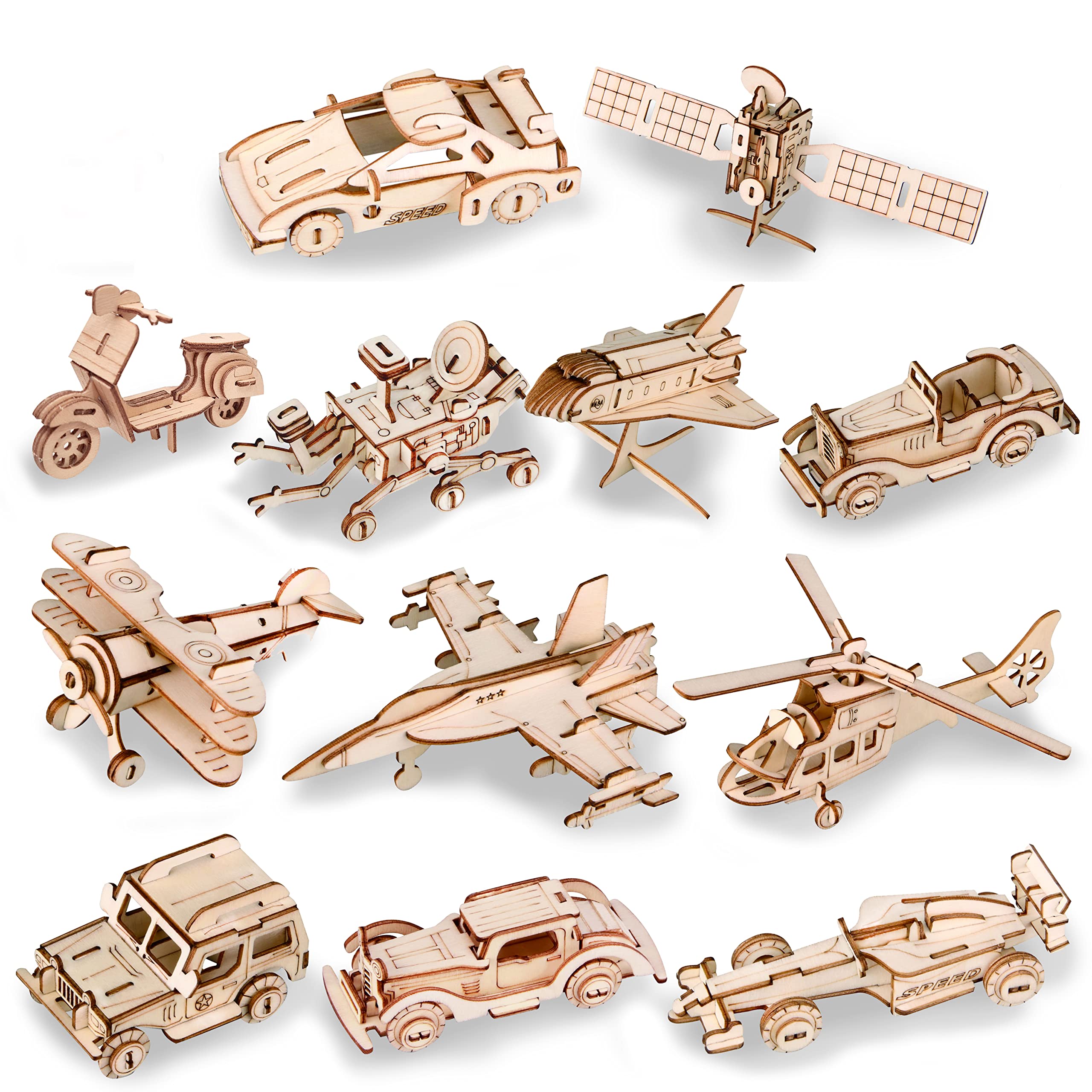 Wooden Puzzle 3D Miniature Vehicles Bundle DIY Set Wooden Model Kit 12 Pack, Model Building Craft, Puzzle toys Games for Kids and Adults