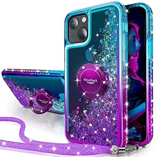Silverback for iPhone 14 Case, Moving Liquid Holographic Sparkle Glitter Case with Kickstand, Girls Women Bling Diamond Ring Slim Protective Case for Apple iPhone 14 5G 6.1''- Purple