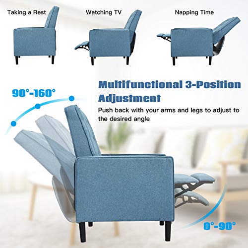 Giantex Push Back Recliner Chair, Modern Fabric Recliner w/Button-Tufted Back, Accent Arm Chair for Living Room, Bedroom, Home Office (Blue)