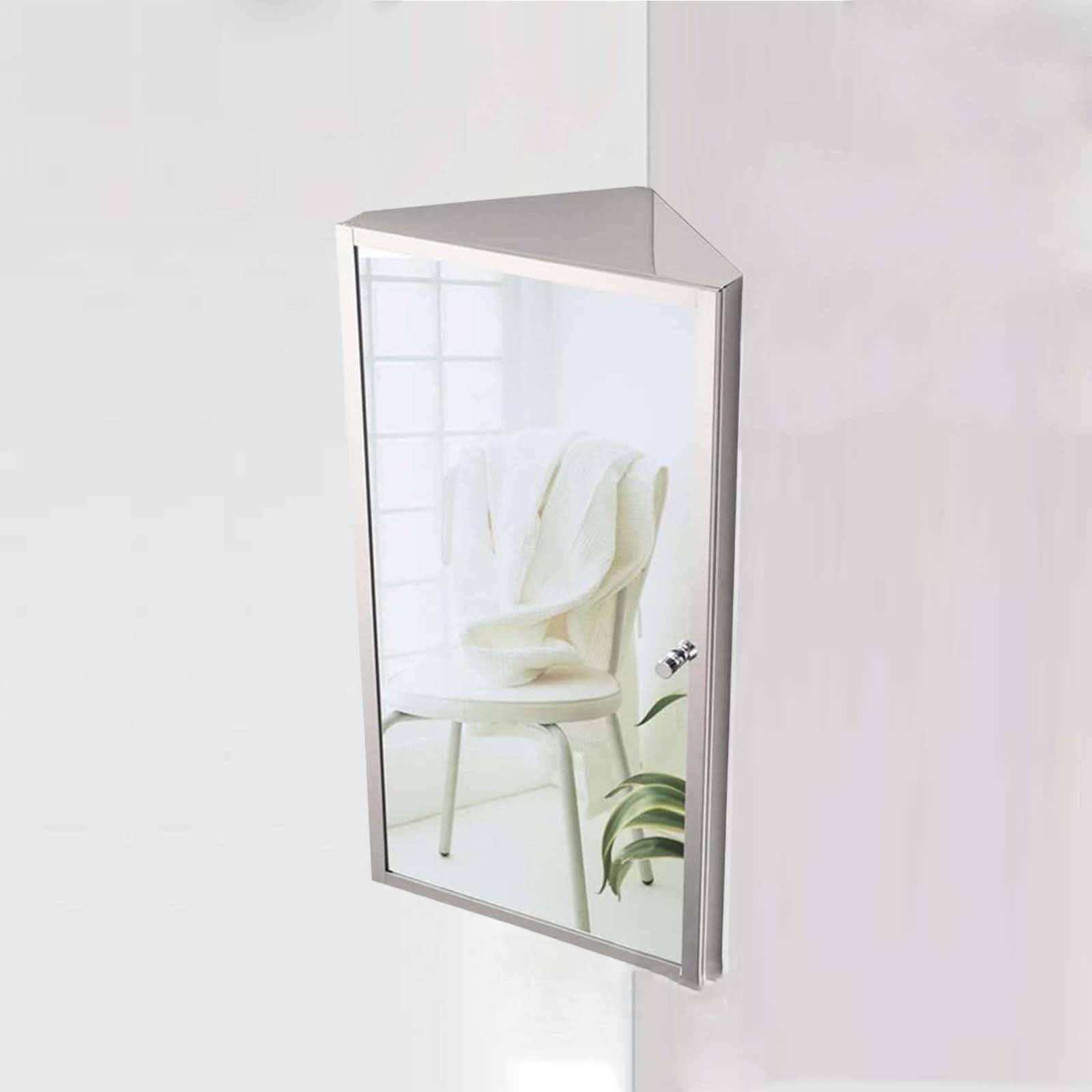 Generic Corner Cabinet with Mirror, Wall Mounted Stainless Steel Bathroom Storage Cabinet with 2 Shelves and Mirror Door, Hanging Triangular Storage for Small Space (Right Door)