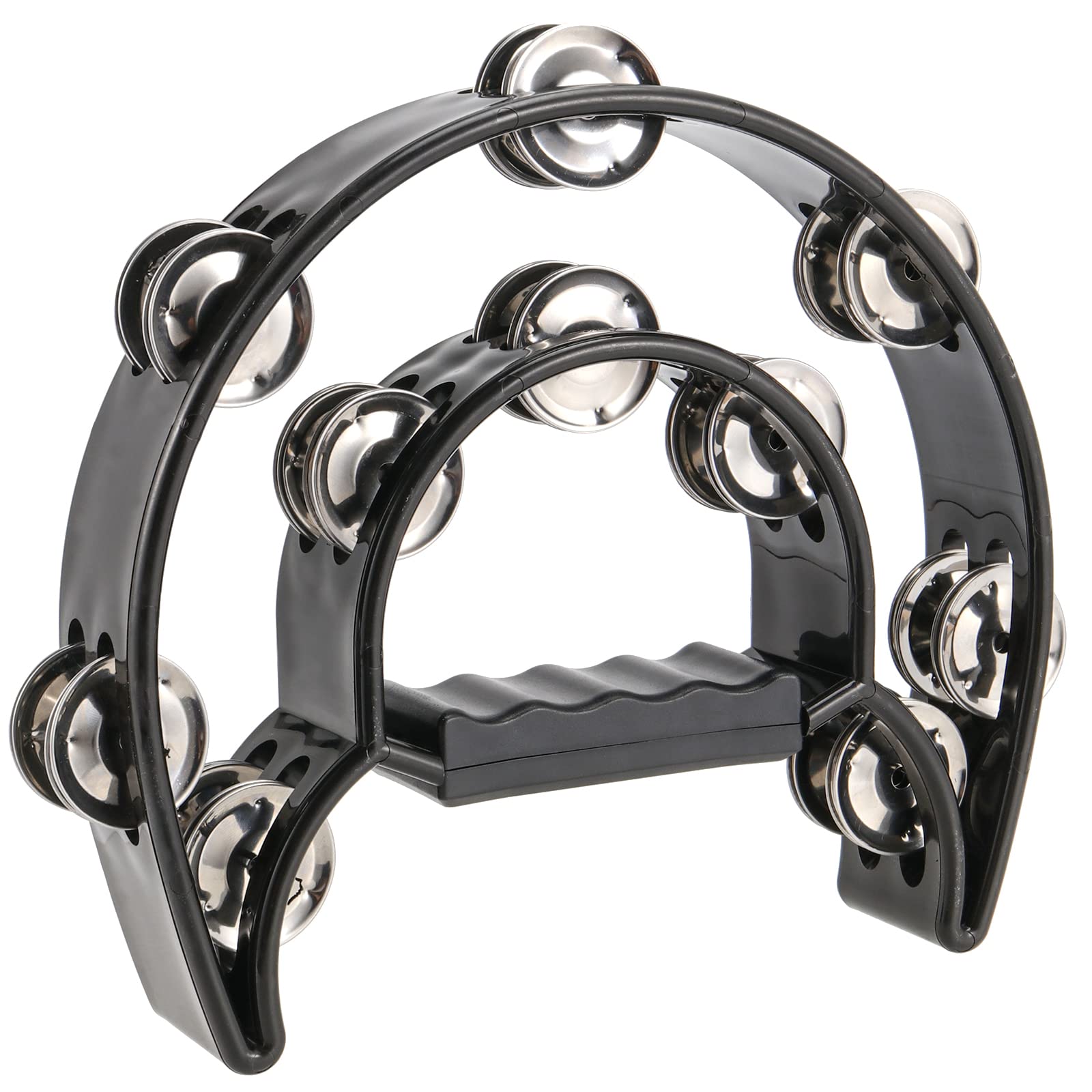 SINJEUN 4 Pack 10 Inch Double Row Tambourine, Metal Jingles Hand Held Percussion with Ergonomic Handle, 4 Colors Half Moon Musical Tambourine for Beginner, Church, KTV, Party