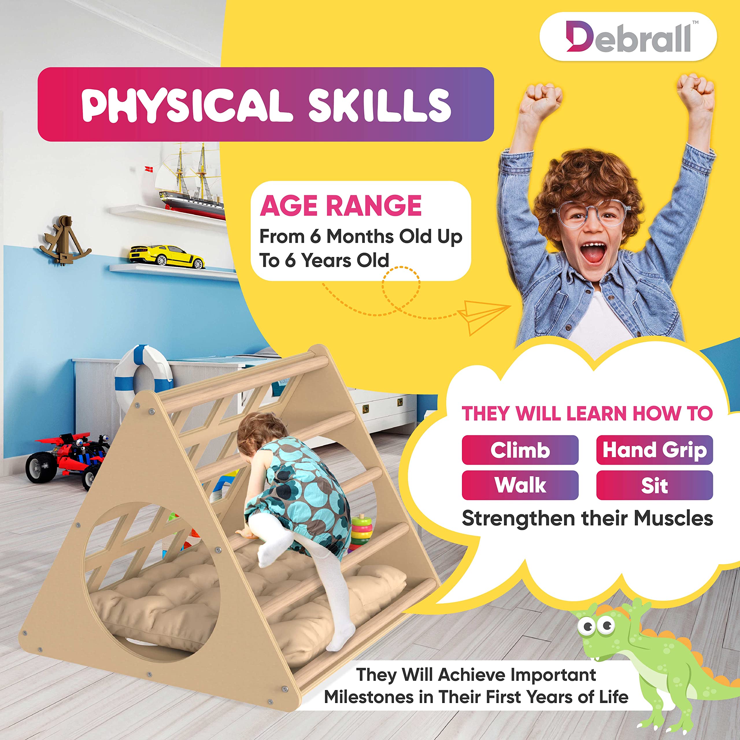 DEBRALL Pikler Triangle β Toddler Climbing Furniture, 1 Piece, Montessori-Based Learning, Foldable Triangle for Kids, Independent Play, 6 Months