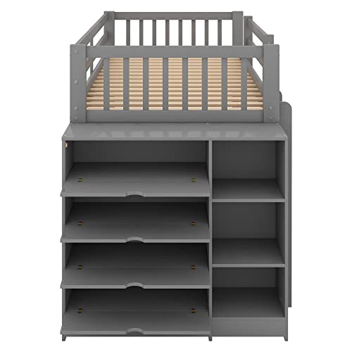 P PURLOVE Twin Over Twin Bunk Bed with Attached Cabinet and Shelves Storage, Wooden Bunk Bed Frame with Ladder and Guardrail, for Teens Girls Boys, Gray