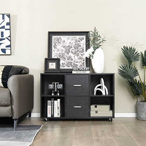 IFANNY 2 Drawer File Cabinet, Lateral Filing Cabinet with Shelves & Wheels, Black Buffet Sideboard, Rolling Storage Cabinet, Wood Cabinets for Home Office, Dining Living Room, Kitchen, Bedroom
