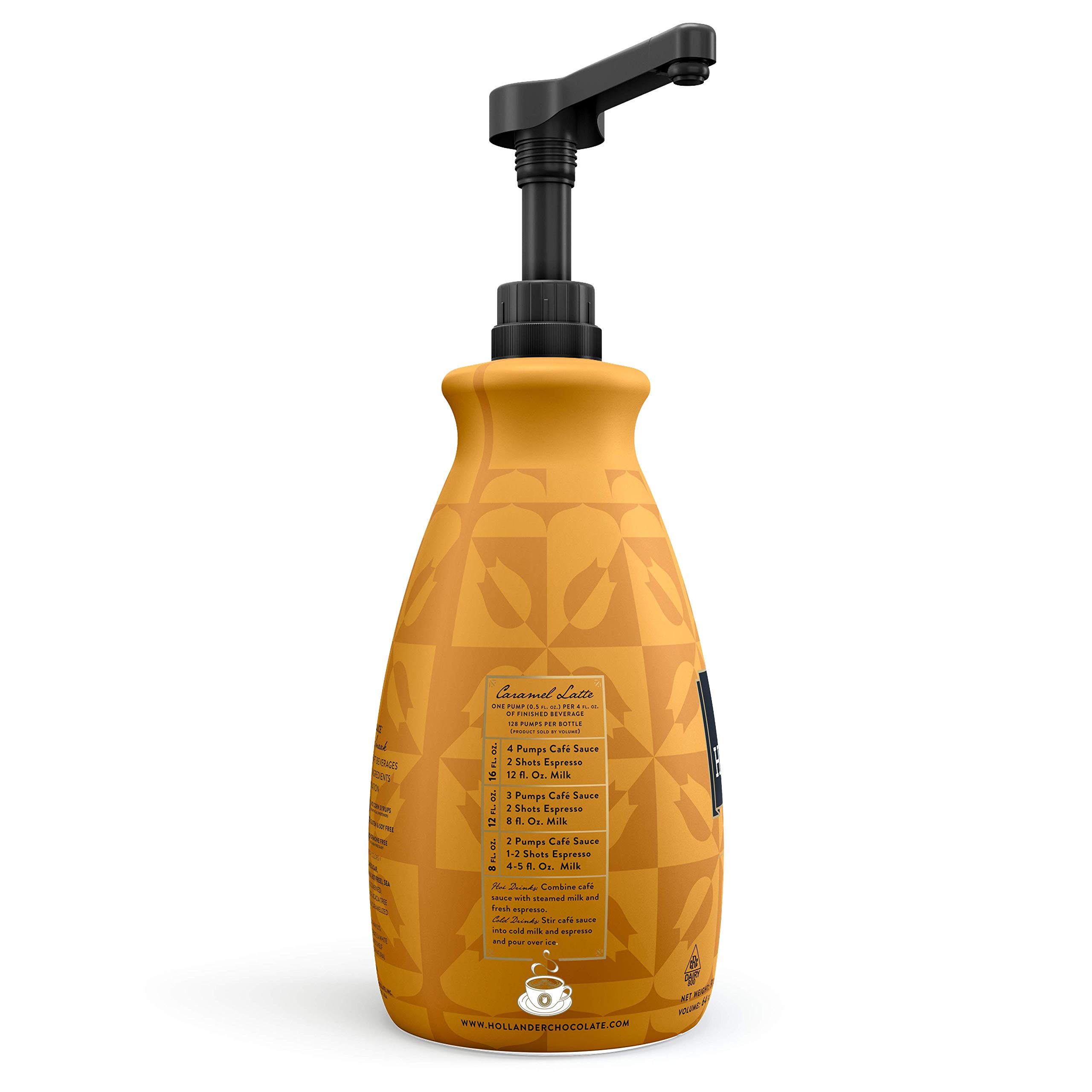Classic Caramel Café Sauce by Hollander Chocolate Co. | For Caramel Lattes & Deserts | Perfect for the Professional or Home Barista - Net Wt. 91oz (64 fl Oz) Large Bottle (PUMP Included)