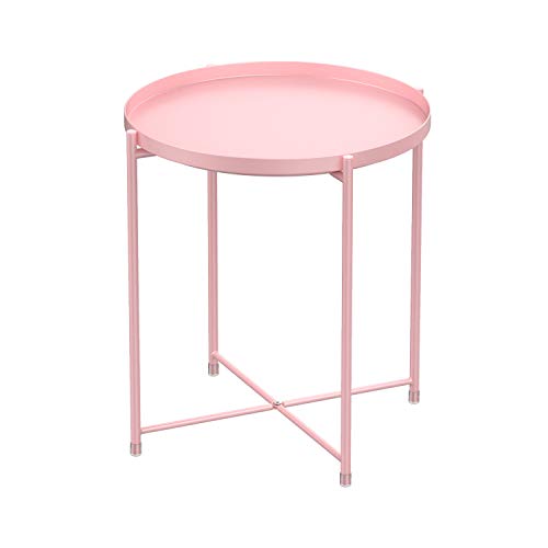 H HOMEWINS Tray Metal Round End Table,Pink Folding Small Side Table Outdoor & Indoor Accent Coffee Table for Small Spaces,Bedroom,Patio