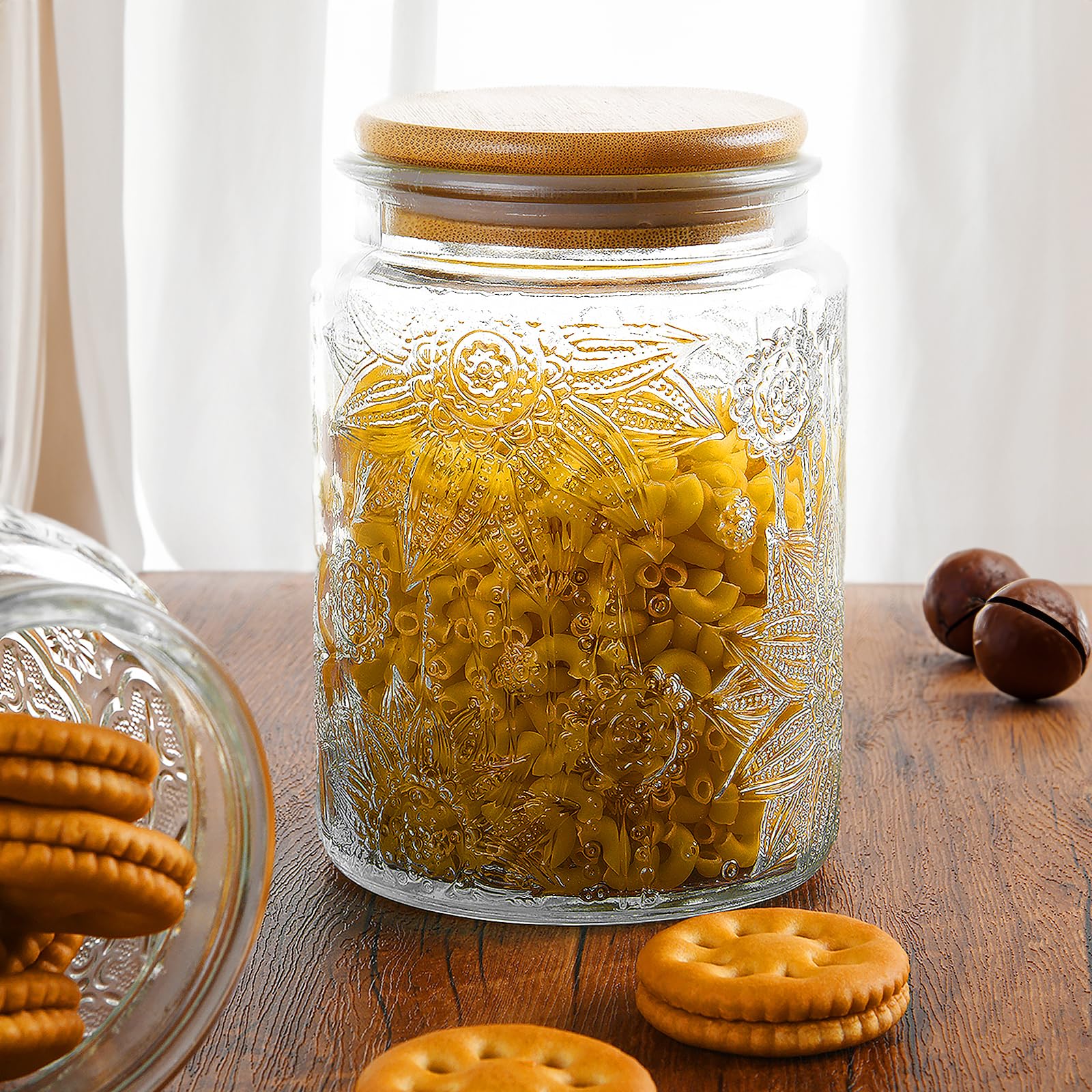 Custde Glass Storage Jars With Airtight Lid, 23.7 FL oz Canister For Kitchen Counter with Bamboo Lid, brown sugar, candy, coffee, cookie, salt, tea, cute Jar (Sunflower*1)