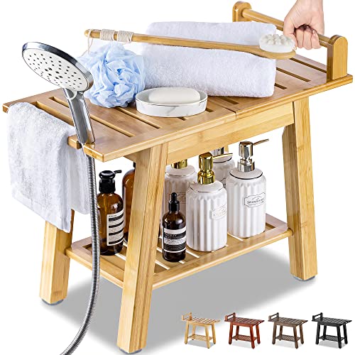 ETECHMART 2-Tier Bamboo Shower Bench, 24 Inch Spa Stool with Storage Shelf for Inside Shower Legs Shaving, Entryway or Bathroom, A-Shaped Shower Bath Seat for Seniors Adults Disabled Women, Natural