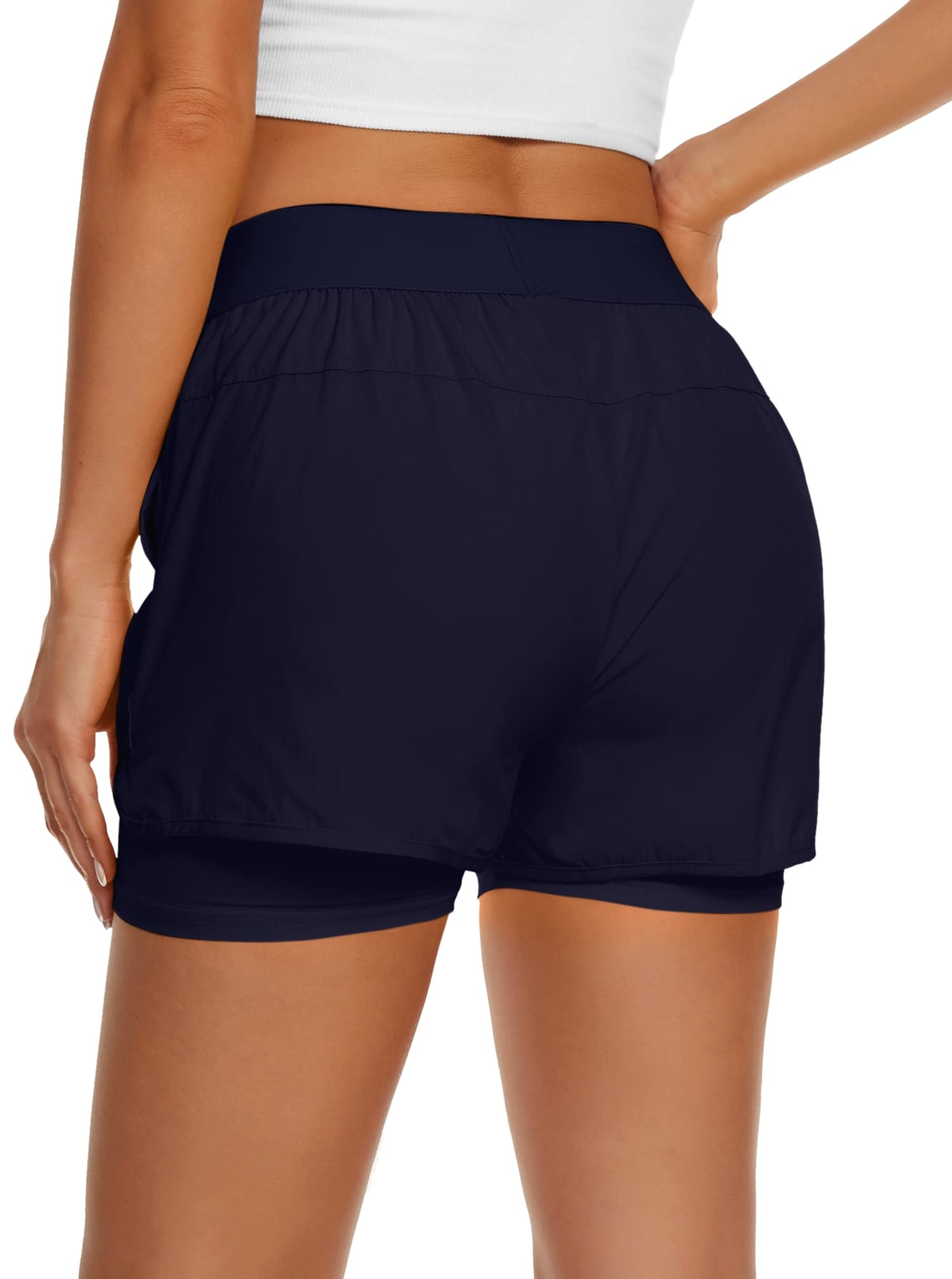 Custer's Night Women's 2 in 1 Workout Shorts with Pockets High Waisted Gym Yoga Running Shorts with Liner Navy Blue XL
