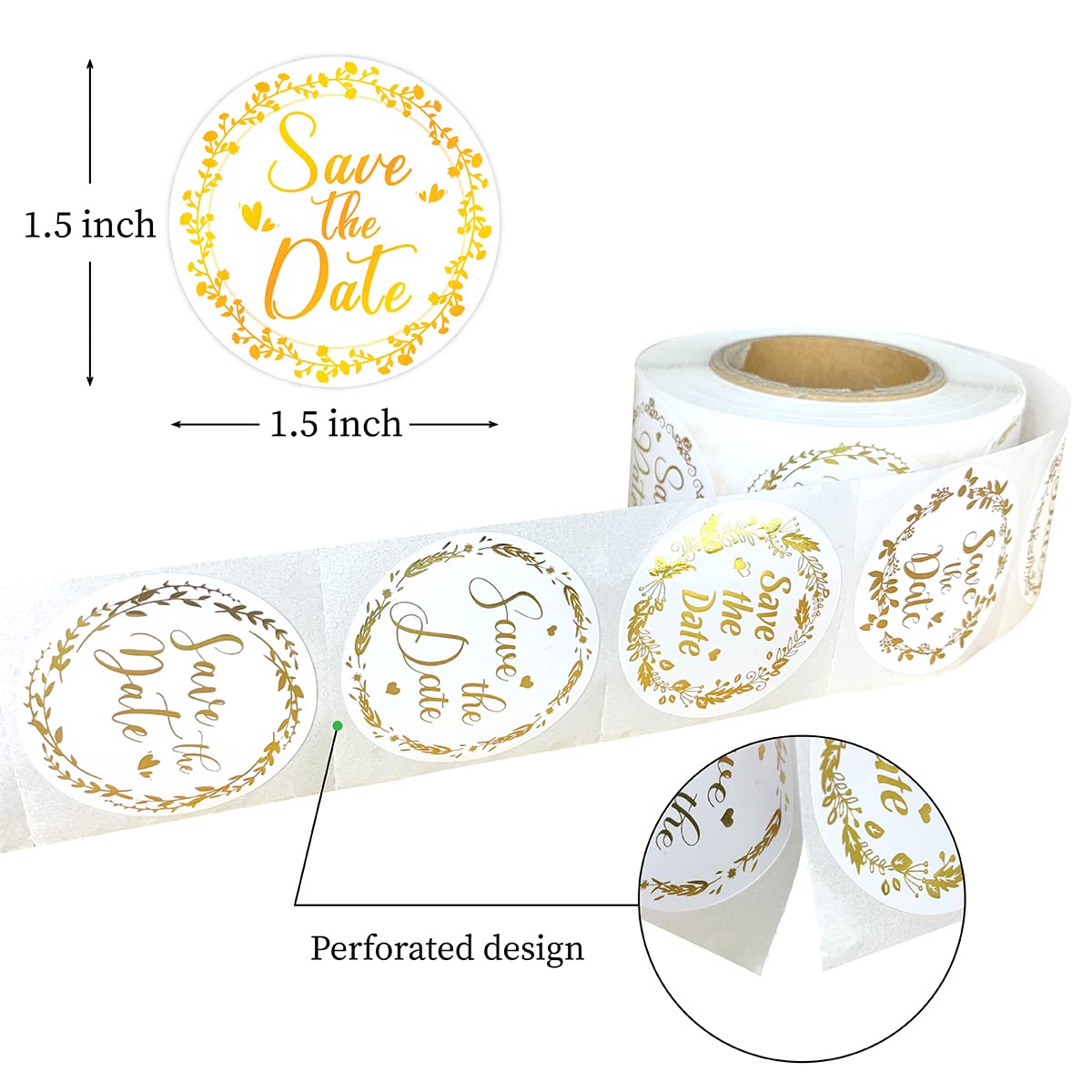 Save The Date Stickers Labels 500 Pieces Per Roll Real Gold Foil Embossed Envelope Stickers for Birthday Wedding Baby Shower Party Invitation 1.5 Inch