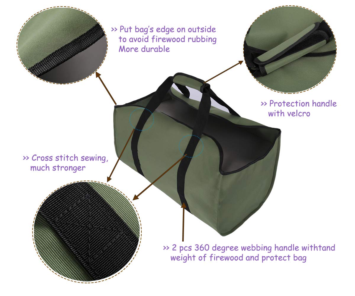 TESSLOVE Firewood Log Carrier Tote Bag,Canvas Firewood Holder,Extra Large Durable,Best for Fireplaces,Wood Stoves,Firewood,Logs, Camping,Landscaping (green, 1pcs)