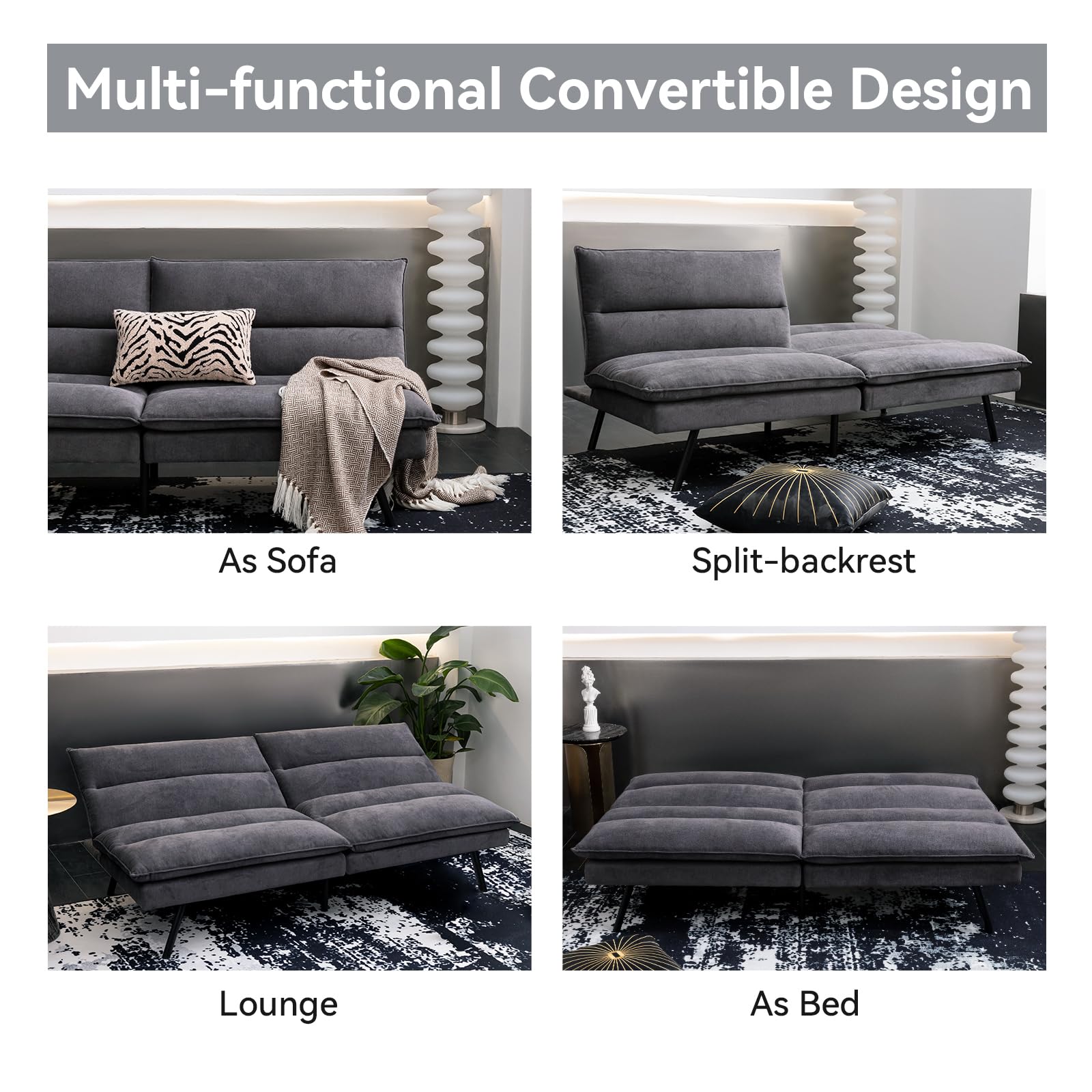 Hcore Couch, Memory Foam Futon,Small Splitback Loveseat Sleeper Sofa Bed Sofabed, Black