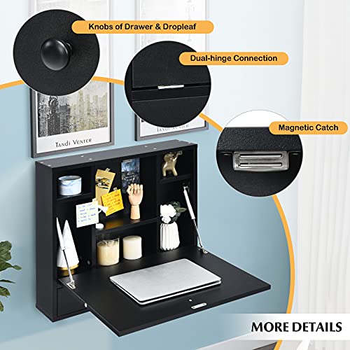 IFANNY Wall Mounted Desk, Wall Computer Desk w/Storage Drawer & Shelves, Compact Floating Desk for Wall, Space Saving Wall Desk Fold Down, Wall Desks for Small Spaces (Black)