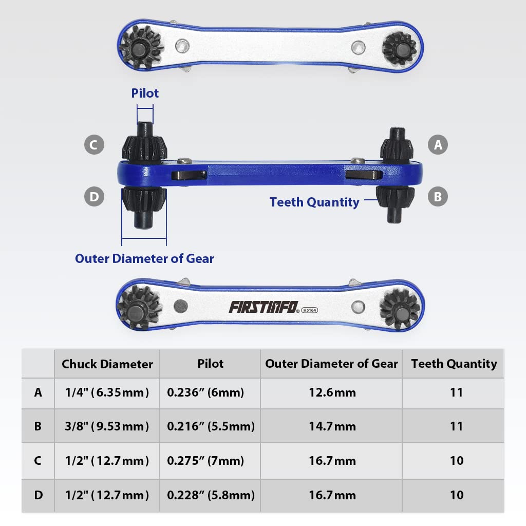 FIRSTINFO H5164 4-in-1Drill Chuck Key Ratchet Wrench- 1/4β Chuck with 6mm, 3/8β Chuck with 5.5mm, 1/2β Chuck with 5.8mm, 1/2β Chuck with 7mm -H5164