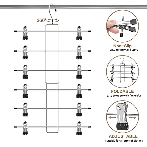 Pants Hangers -6 Tiers Closet Organizer Clothes Hanger,Skirt Hangers with 360° Swivel Hook -Space Saving Hangers with Clips - 2 Pack Pant Hangers