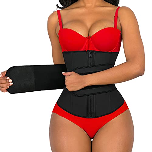 YIANNA Latex Waist Trainer for Women Tummy Control Jsculpt Double Sweat Trimmer Belt Workout Training Sport Girdle, YA2225-Black-S