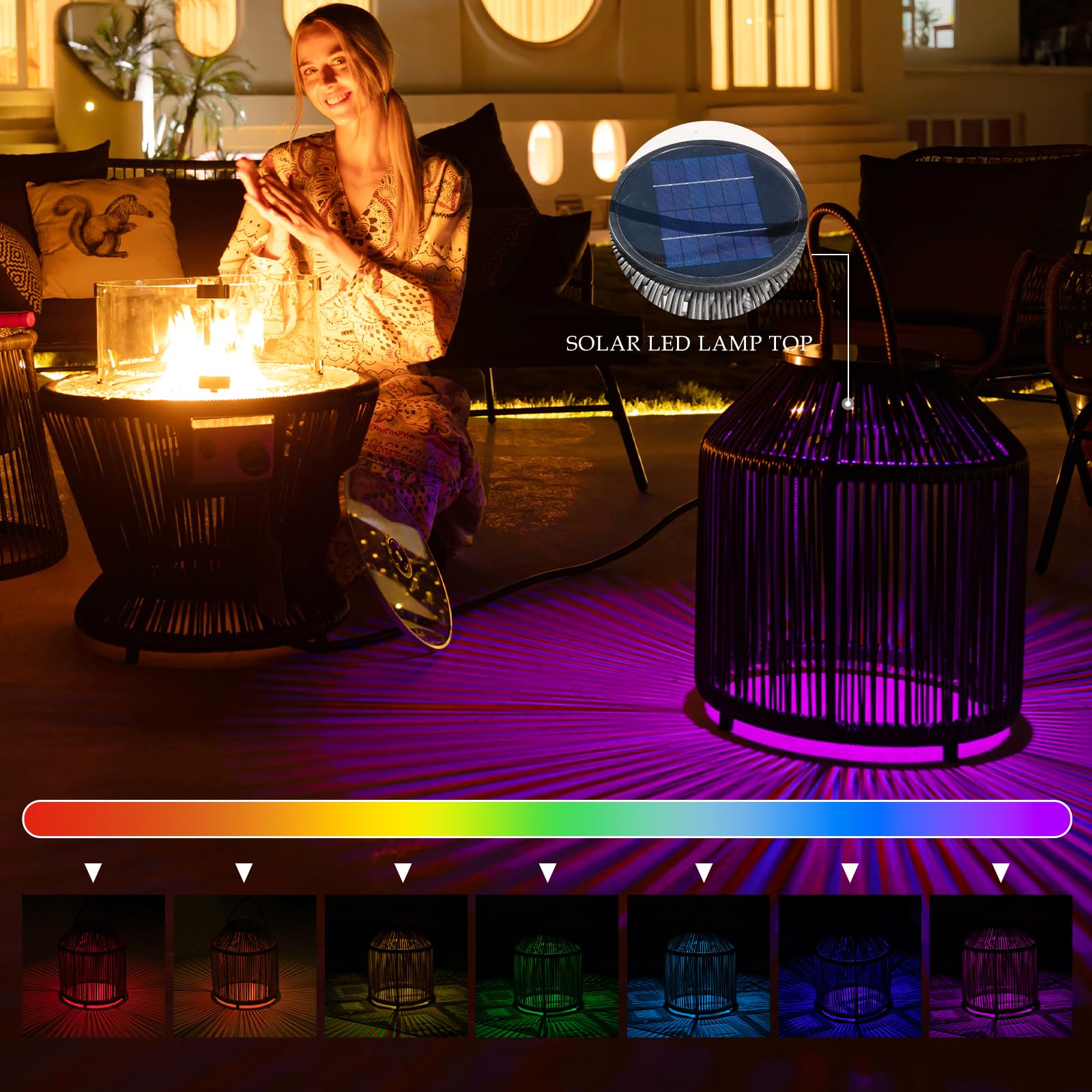 BULEXYARD Grey PE Wicker Patio Propane Fire Pit Table with Solar LED Lamp Cover of Propane Tank, Outside Round Firepit for Garden Deck Backyard
