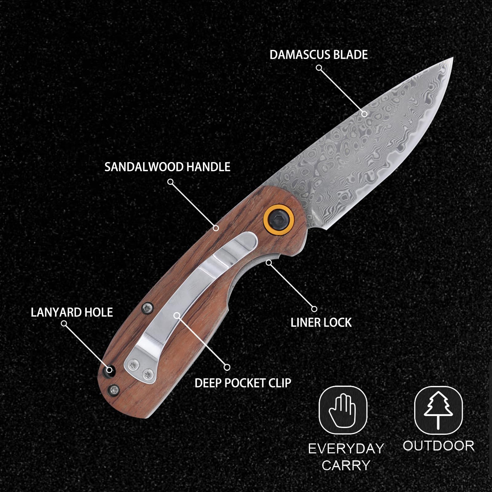 Generic Damascus Fold Pocket Knife,Gift for Men and Women with Pocket Clip,Wooden Handle EDC Knife for Camping,Hunting