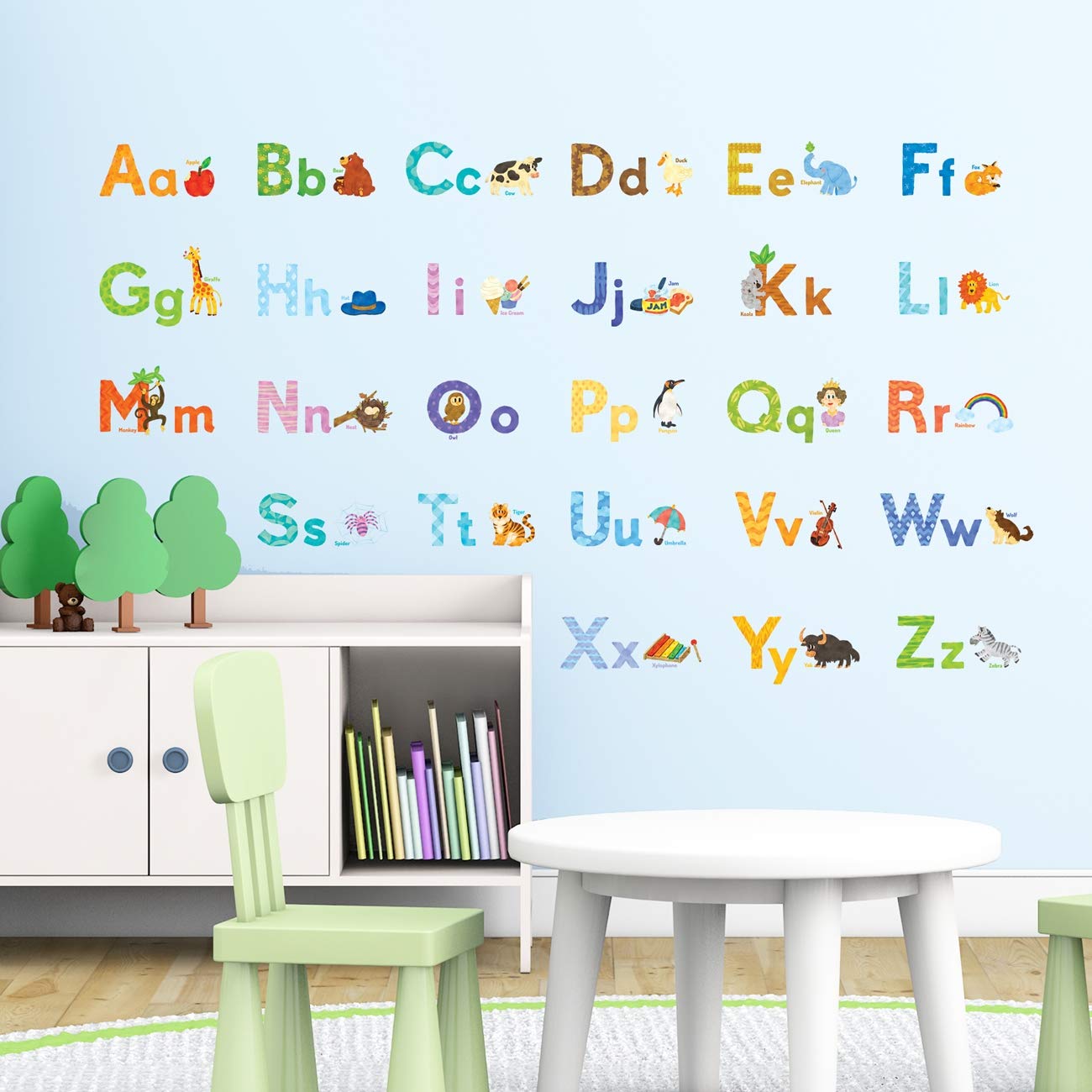 DECOWALL DS8-1608 Watercolour Animal Alphabet ABC Kids Wall Stickers Decals Peel and Stick Removable for Nursery Bedroom Living Room Art murals Decorations