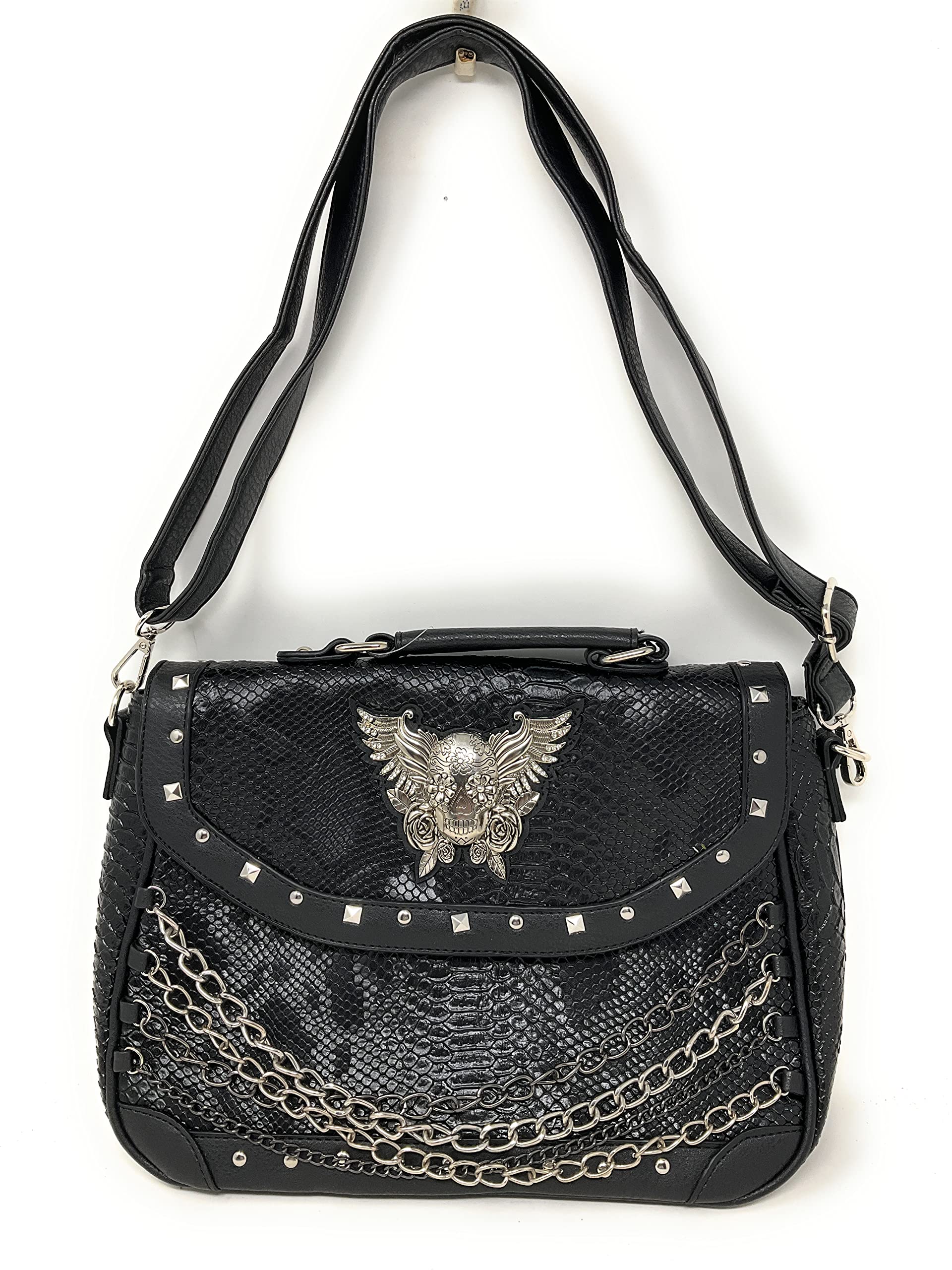 Texas West Women's Skull Chain Concealed Carry Handbag Purse Shoulder Bag/Crossbody Bag/Walllet (Black Set)