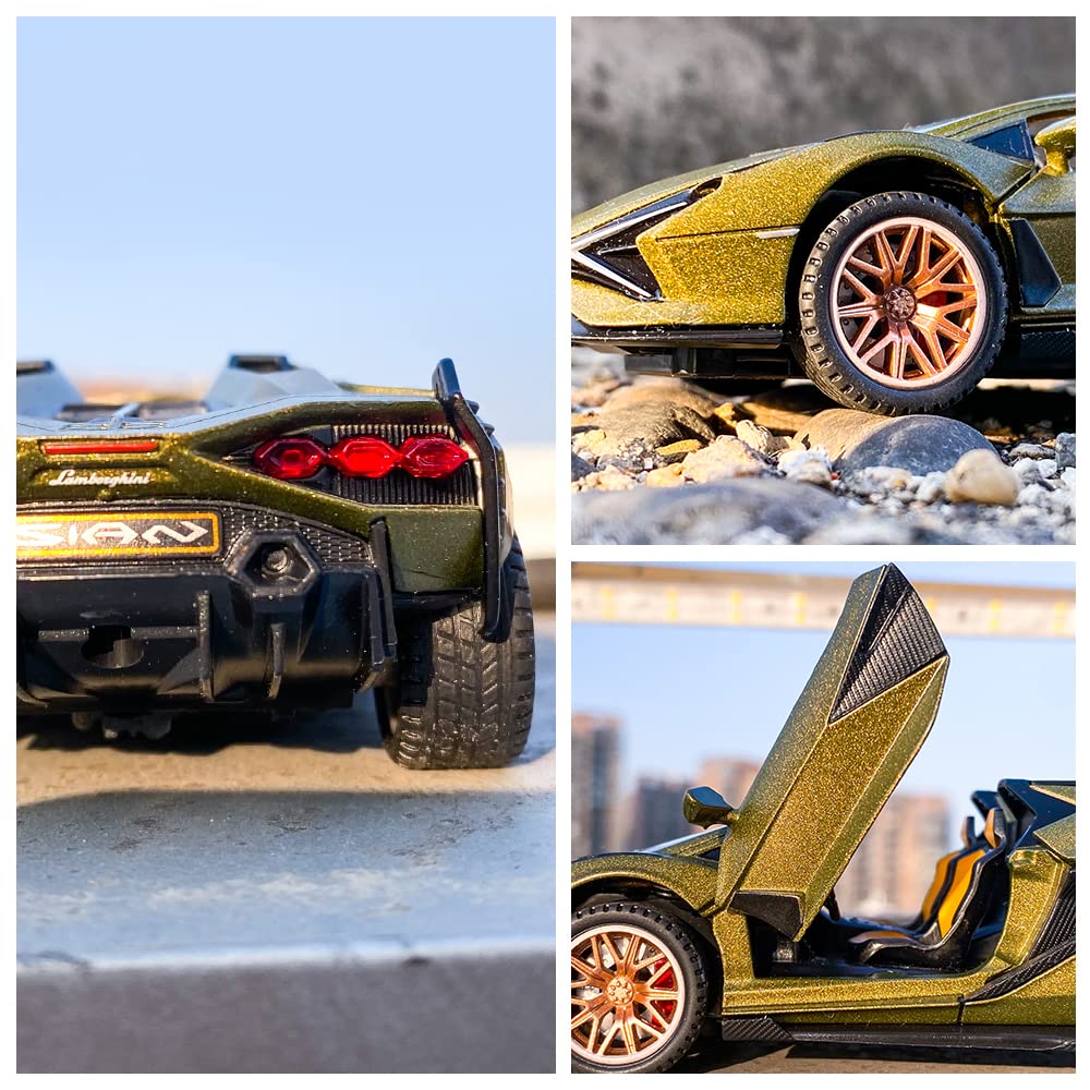 WAKAKAC Diecast Car Compatible for Sian Roadster 1/32 Scale Model Car Alloy Pull Back Door Opening Vehicles with Sound and Light Toy Car for Kids Boys Gift(Army Green)