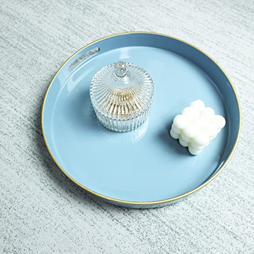 Spsyrine Round Blue Decorative Tray, 13" Plastic Serving Table Tray with Handles for Breakfast, Round Modern Ottoman Tray for Coffee Table, Bathroom, Kitchen, Living Room