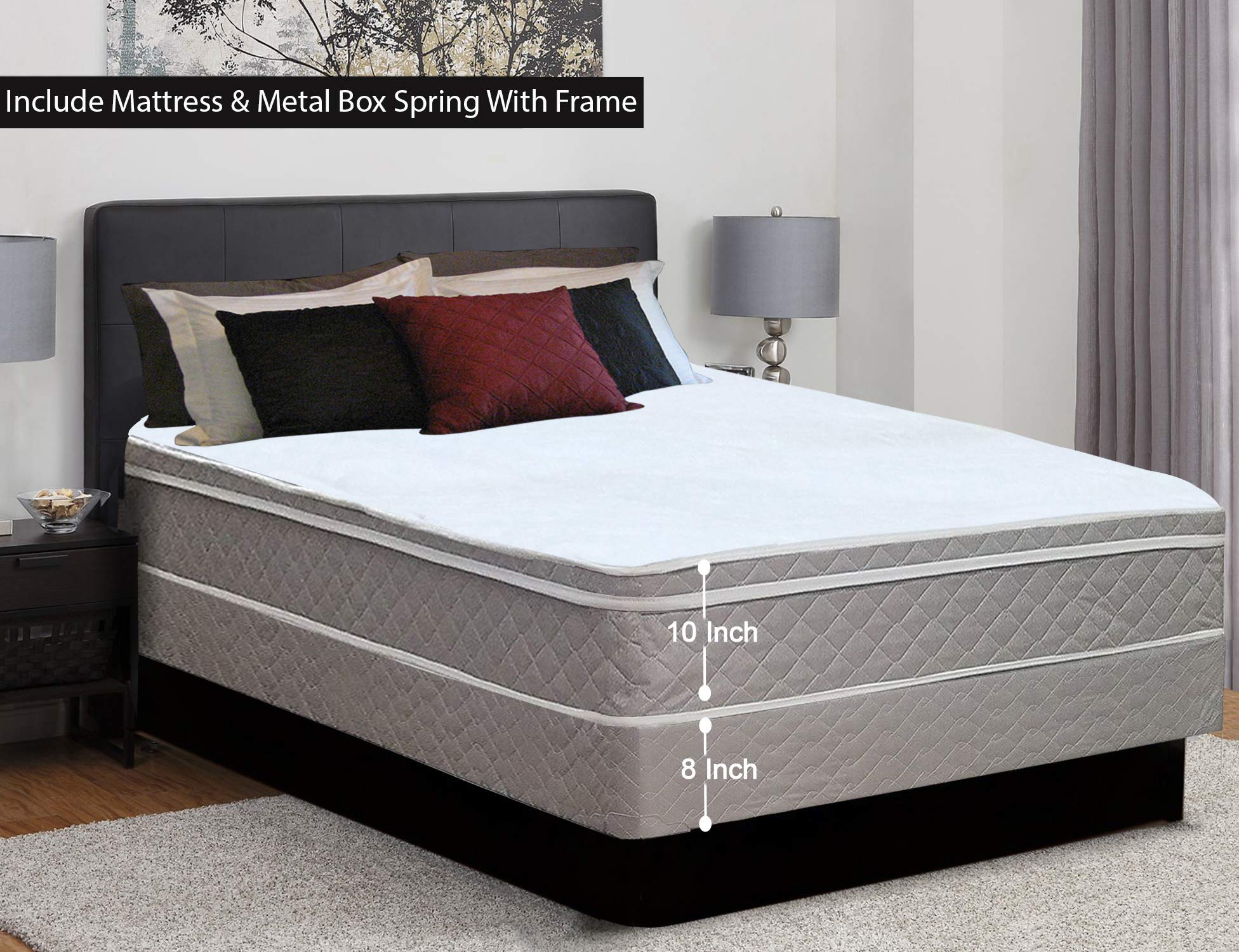Mattress Solution Medium Plush Eurotop Pillowtop Innerspring Mattress and 8" Metal Boxspring/Foundation Set, with Frame, Queen Size, White and gold