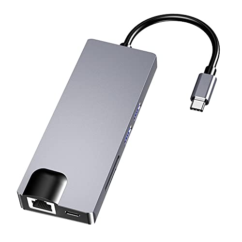 ERYUE 8-in-1 Type-C Hub USB-C Converter Aluminum Alloy Shell 2*USB3.0+1*PD+1*HD+1*VGA+1*100M RJ45 Port+SD/TF Card Slots