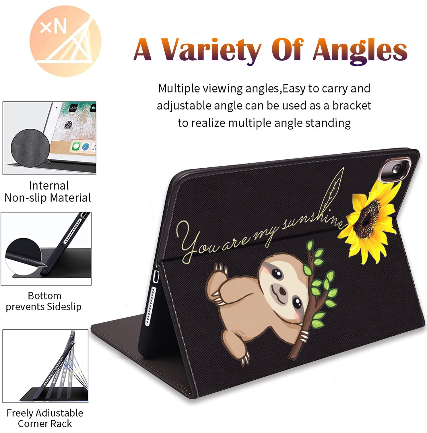 for iPad 10.2/10.5Case,with Coaster Adjustable Stand Auto Wake & Sleep Smart Cover for iPad 9th / 8th / 7th Generation (2021/2020/2019) 10.2 inch/iPad Air 10.5" 2019 - Sunflower and Sloth (Pen Bag)
