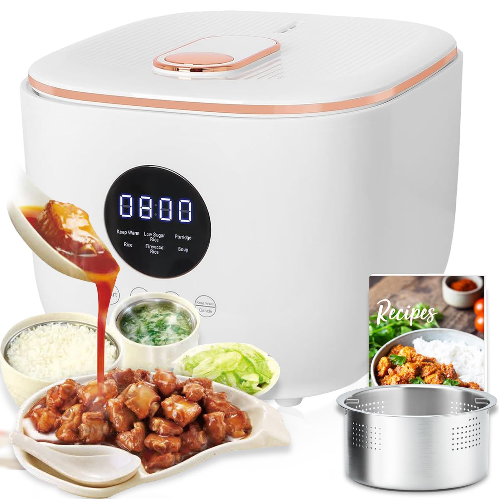Generic Digital Rice Cooker,Low Sugar Rice Cooker Rice Cooker 6 Cup 3.15Qt Steamer, Soup PotďźGrain Cooker, Multicooker 24h Keep Warm & Timer,Easy To Clean, white