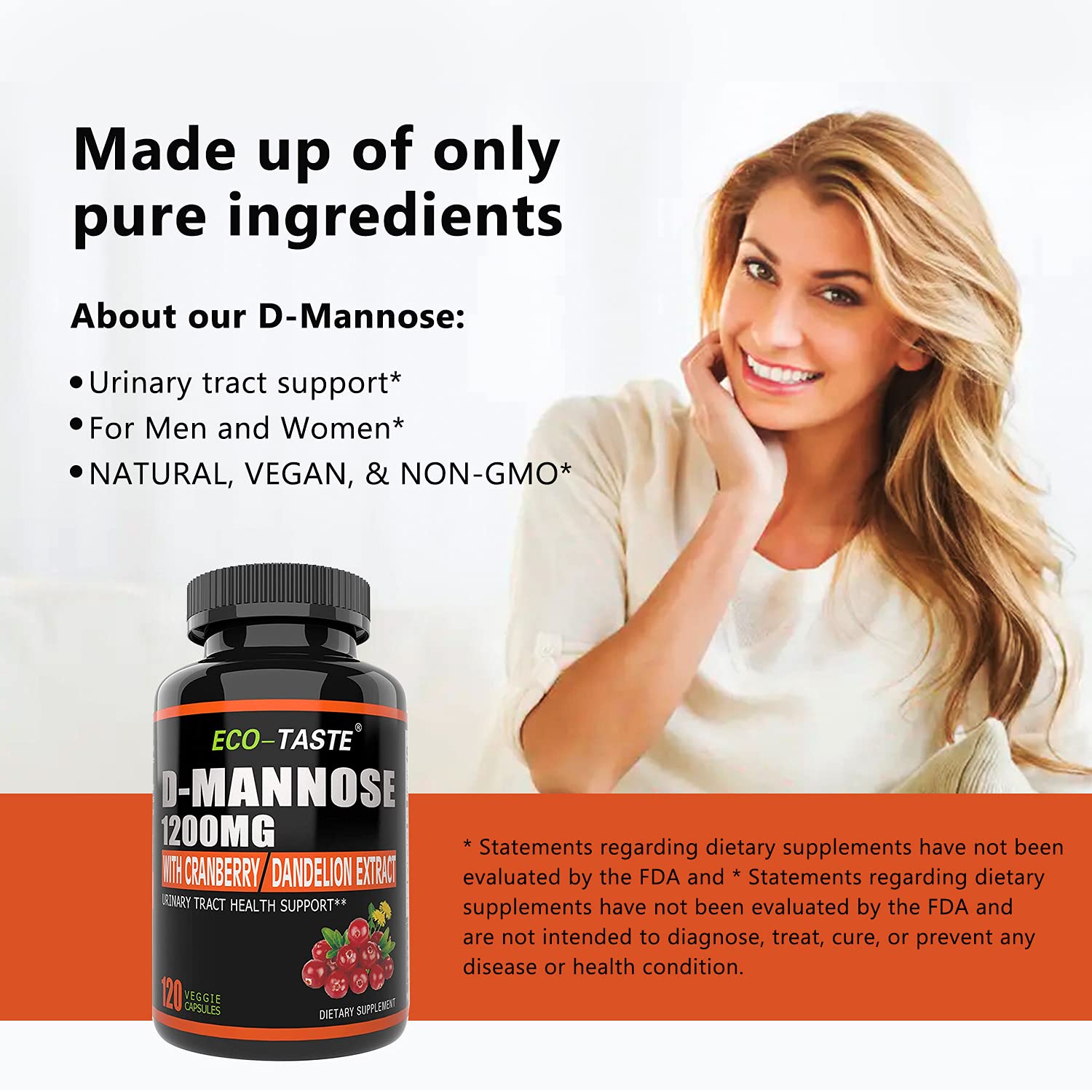 D-Mannose 120 Veggie Capsules, 1200 mg D Mannose Powder per Serving with Cranberry and Dandelion Extract - Natural Urinary Tract Health UTI Support