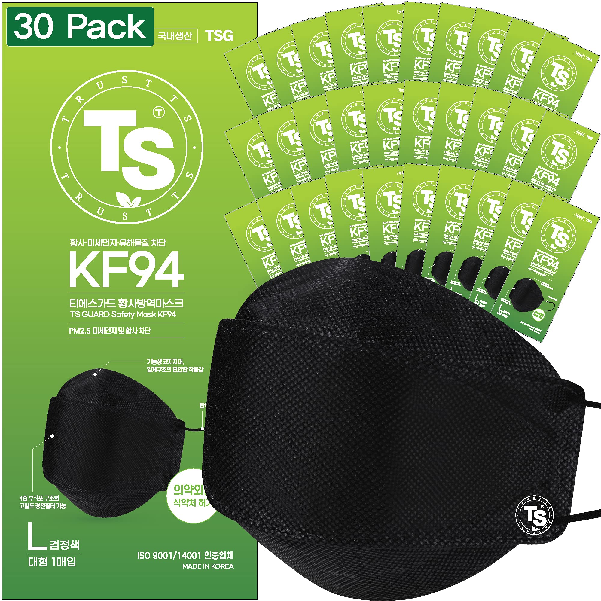 INT 【 30 Pack 】 KF94 Mask, Certified, Black TS Guard Safety Face Mask ; 4-Layered Protection, Tri-Folding Style, 3D-Ergonomic Design, Black Color, Large Size, Made in Korea. (30)