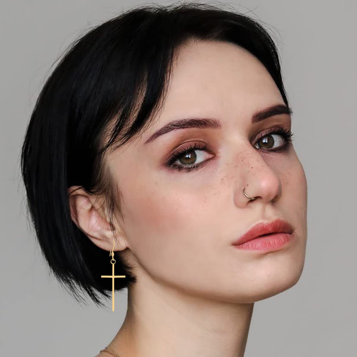 Cross Earrings for Women Stainless Steel Long Slim Dangle Cross Earrings 3 Pairs Silver Gold Black