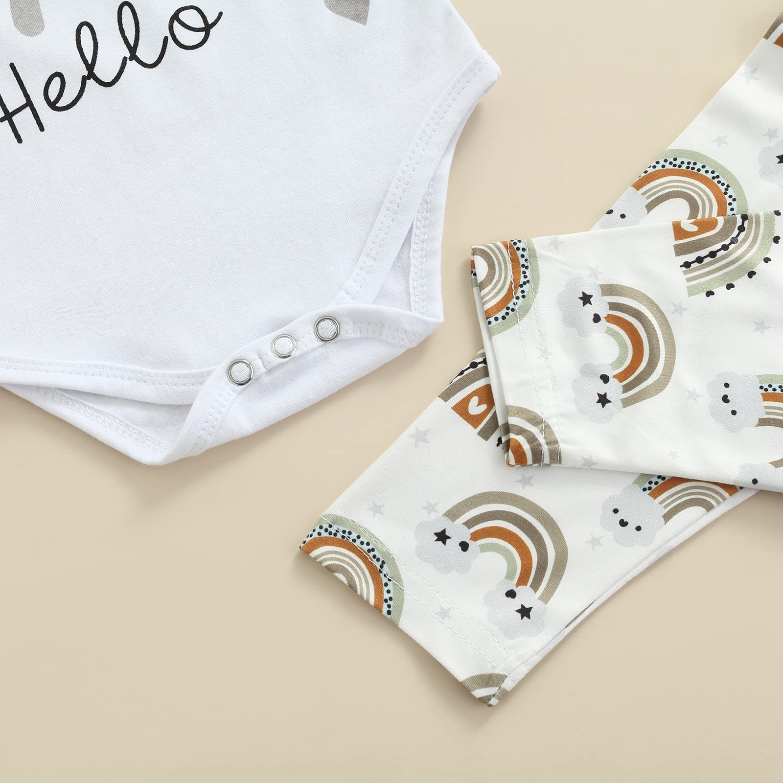Newborn Baby Girl Rainbow Outfit Long Sleeve Romper Top + Rainbow Pants+ Headband 3Pcs Infant Fall Winter Clothes (White, 6-12 Months)