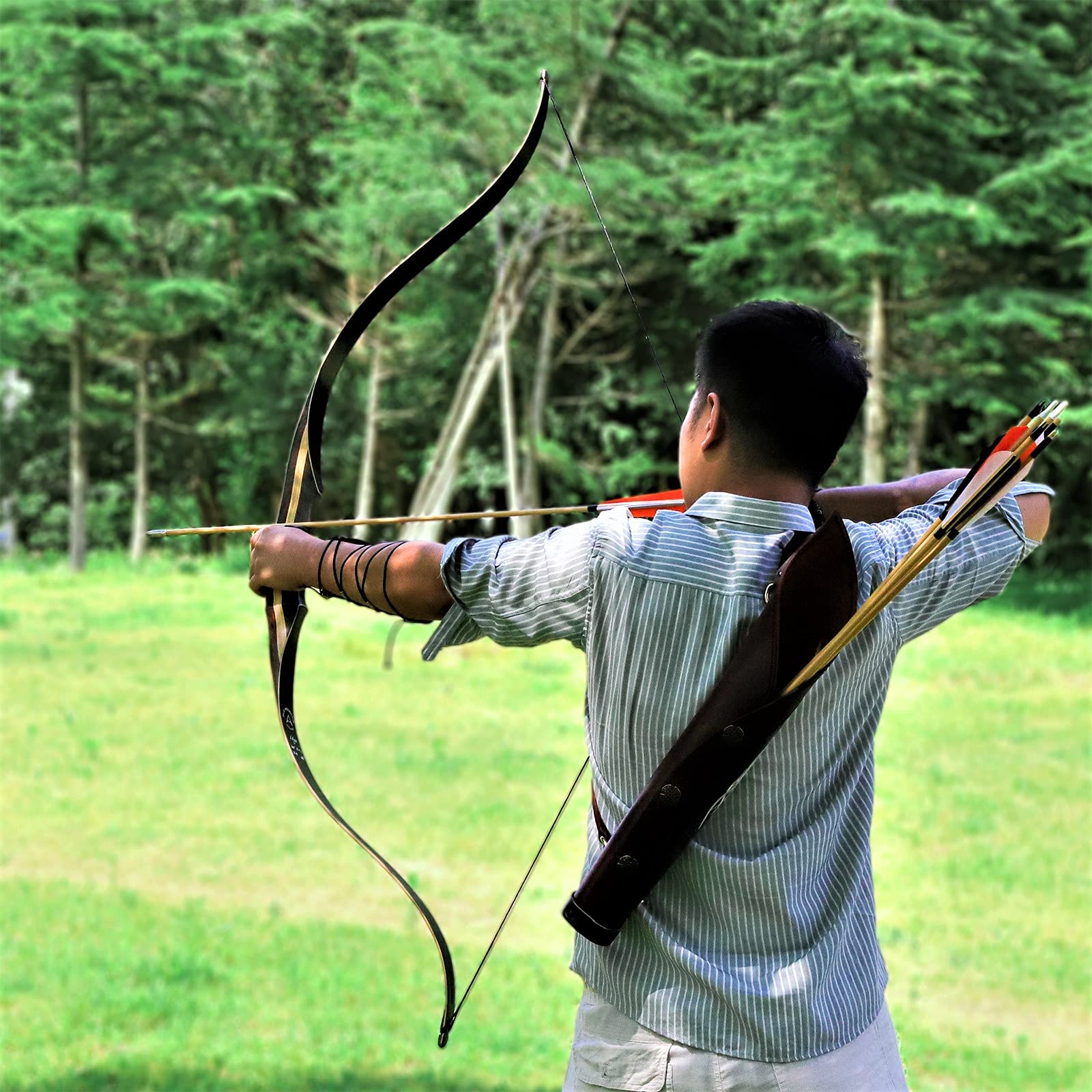 Deerseeker Archery 60" Traditional Recurve Bow One Piece Longbow Handmade Hunting Bow Set Laminated Bamboo Limbs RH & LH for Adults & Youth Bow Practice Target Shooting R60lbs