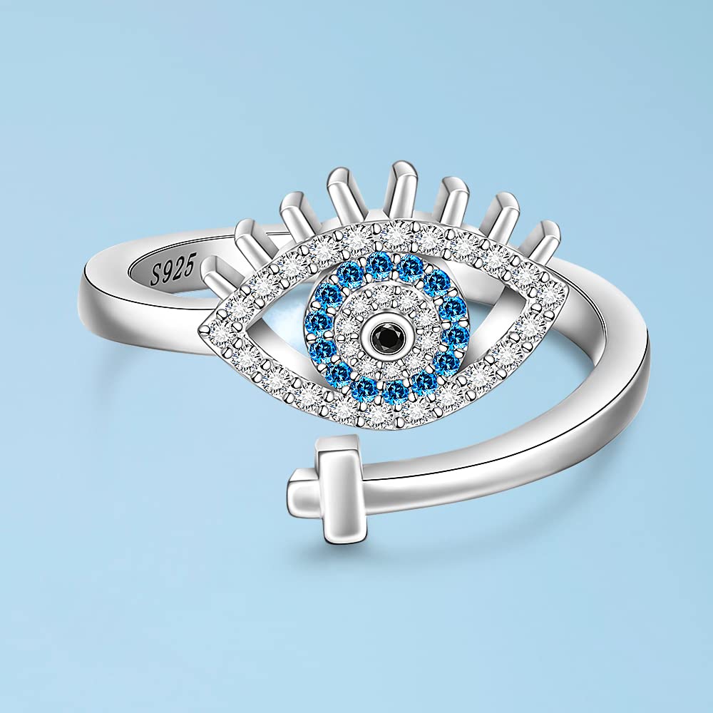 Cross Evil Eye Ring Sterling Silver Spiritual Turkish Third Evil Eye Cross Rings for Women Teen Greek Nazar Religious Adjustable Open Ring for Protection Size 9