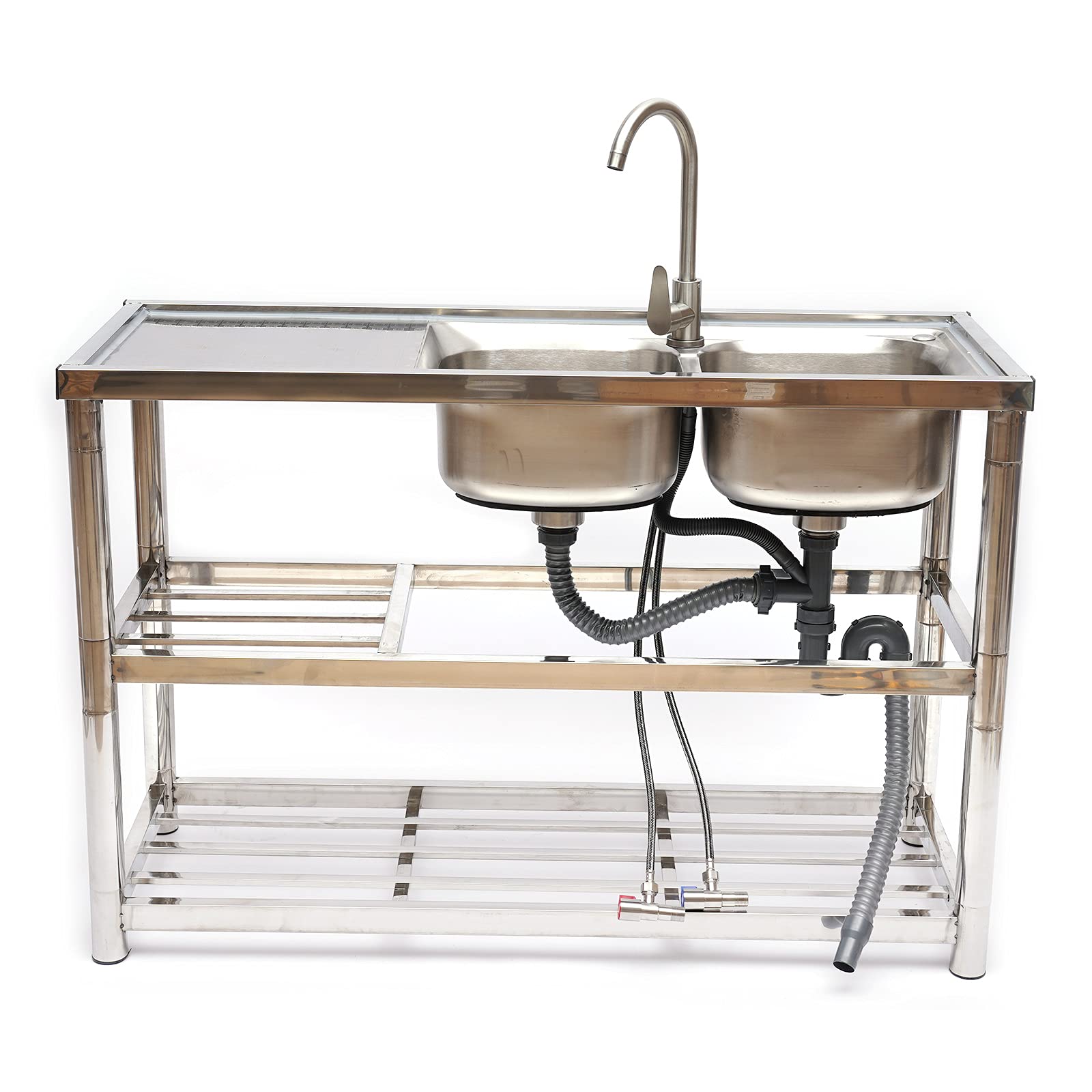 Commercial Kitchen Utility Sink with Prep Table, Free Standing Stainless Steel Double Bowl Kitchen Sink Set with Faucet and Drainboard Indoor Outdoor Rectangular Catering Sink 47.24x31.88x17.71inch