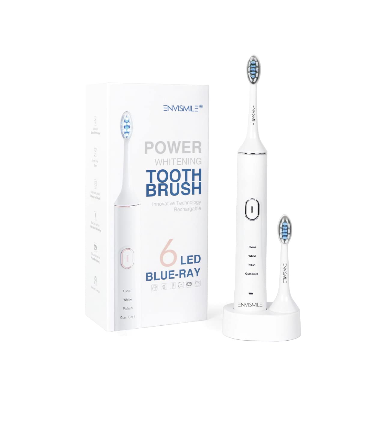 ENVISMILE Sonic Electric Toothbrush Blue LED Teeth Whitening - 4 Modes Clean, Sensitive, Polish, Gum Care, Prevent Bleeding Gums