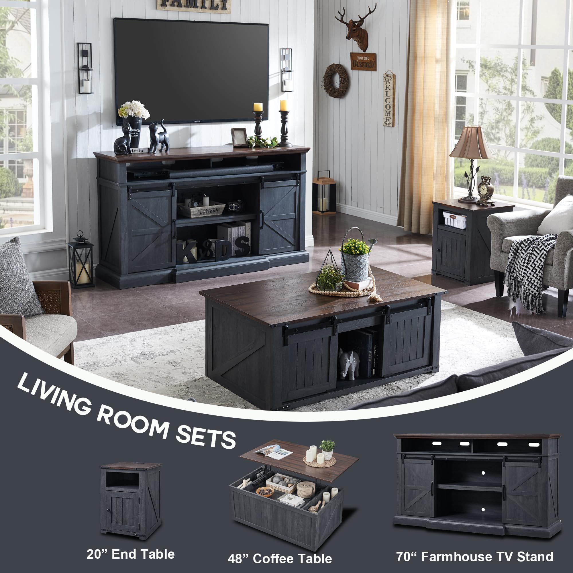 IFGET Farmhouse End Table with Charging Station, 20" Nightstand w/Groove Barn Door, Rustic Wood Bedside Table, Side Table with Storage w/Open & Adjustable Shelf for Bedroom, Living Room (Dark Grey)